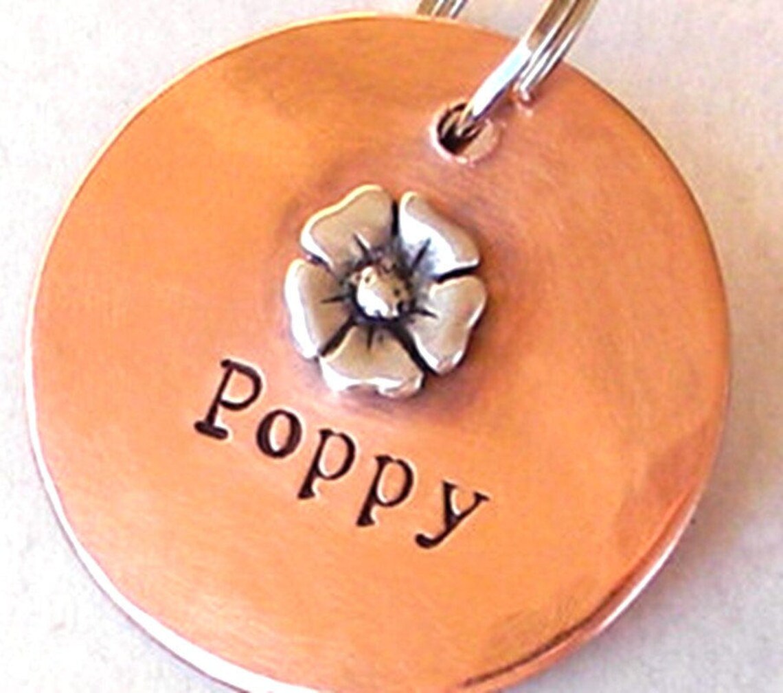 Poppy Dog ID Tag Female Dog Tag Silver Poppy Copper Disc - Etsy