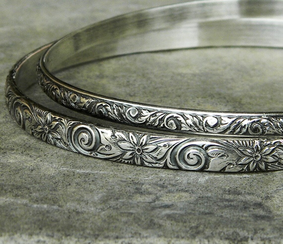 Solid Silver Bangle Set 4 Sizes Sterling Floral Bangles | Etsy