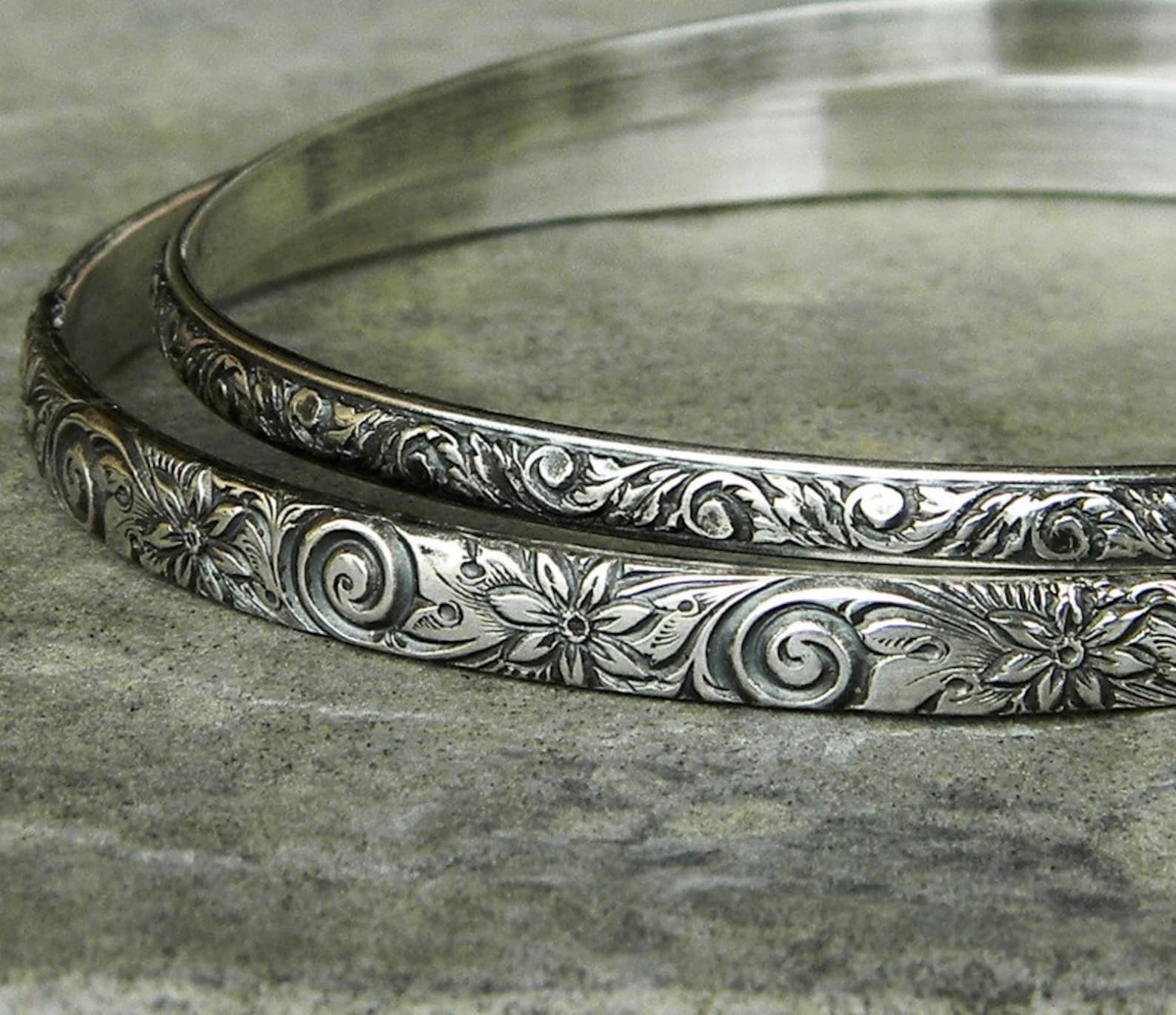 Solid Silver Bangle Set, 4 Sizes, Sterling Floral Bangles, Solid ...