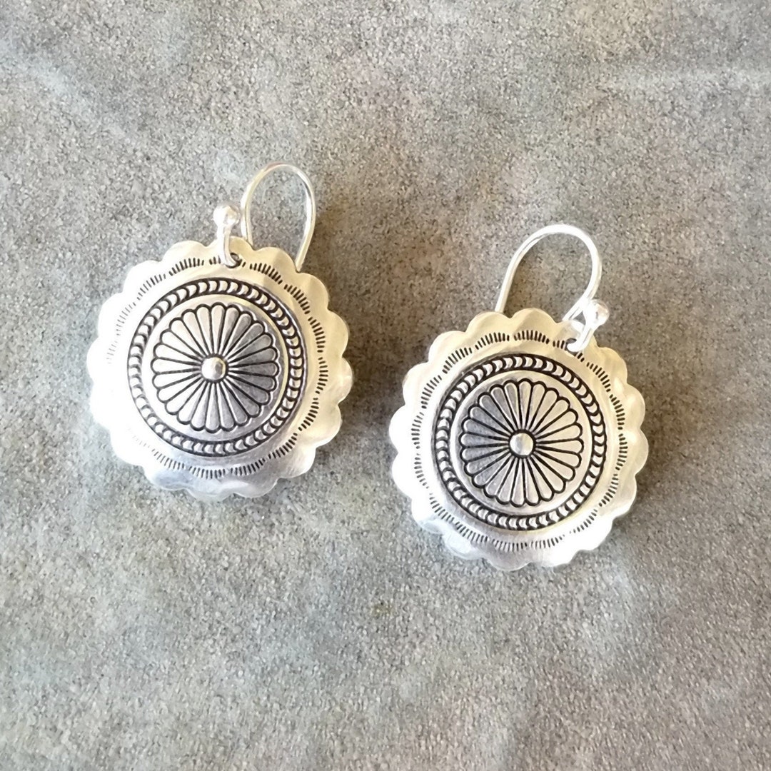 Small Sterling Concho Earrings, Round Scalloped Concho, Stamped ...