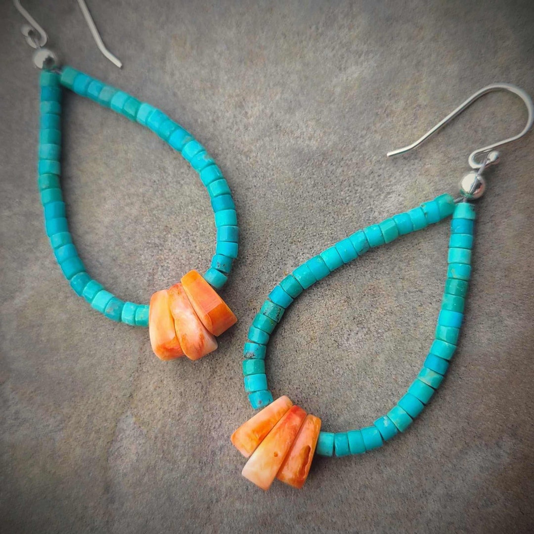 Turquoise & Spiny Oyster Jacla Earrings, Sterling Silver, 3mm Turquoise ...