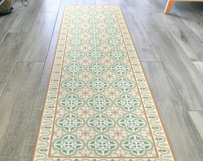 Vinyl Runner Rug or Hallway Runner With Moroccan Tiles Design in Blue ...