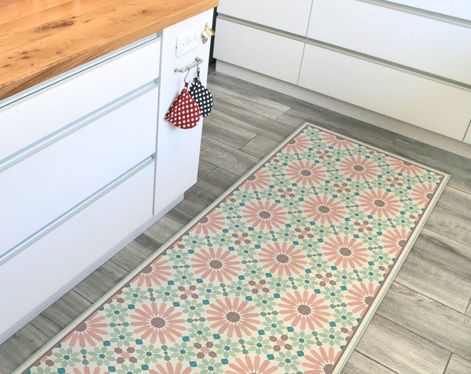 Vinyl Runner Rug or Hallway Runner With Moroccan Tiles Design in Blue ...