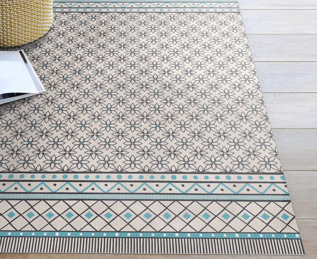 Blue Geometric Vinyl Rug. Vinyl Floor Mat With Gray and Blue Ethnic ...
