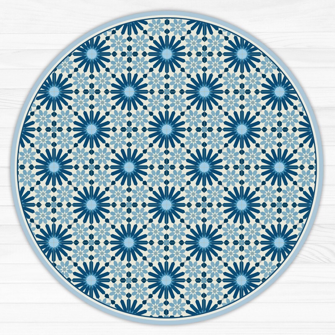 Round Vinyl Floor Mat With Dark Blue Moroccan Tiles. Livingroom and ...