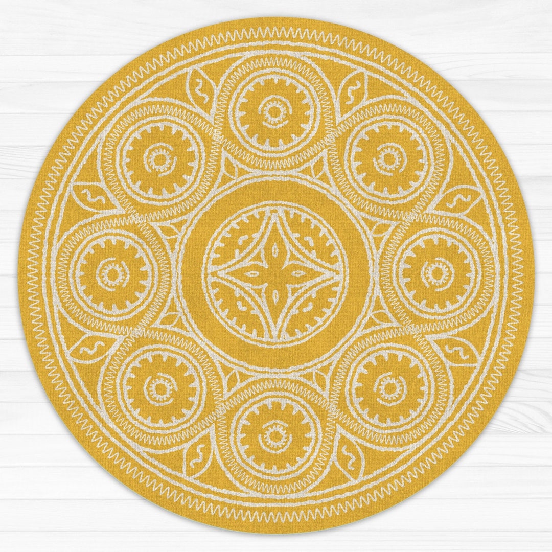 Round Vinyl Floor Mat: Yellow Ethnic Geometric Rug - Etsy