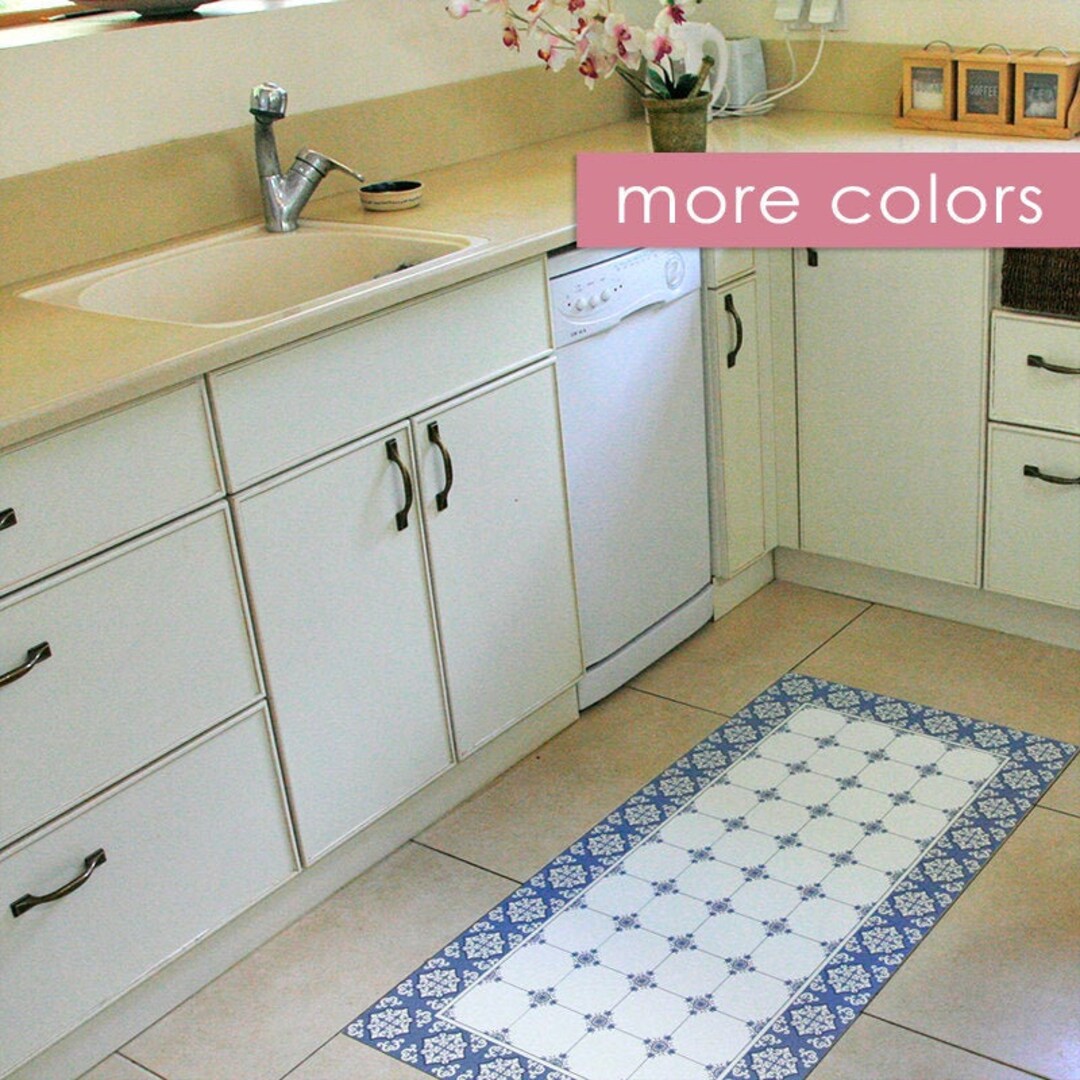 Blue Kitchen Rug With Blue Tiles, Printed on Vinyl. Vinyl Floor Mat ...