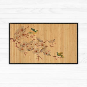 Printed Bamboo Mat, Area Rug - Oriental Print of Bird on Branch, Plum ...