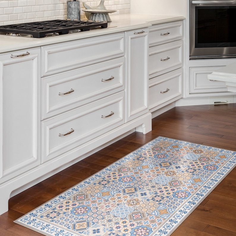 NEW - Blue Vinyl Floor Mat With Eclectic Tiles. Blue Pvc Rug, Printed ...