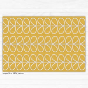 Yellow Vinyl Floor Area Rug, With Graphic Leaves Design in White, Over ...