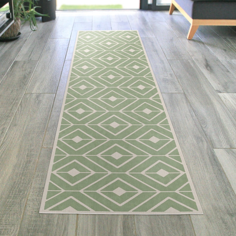 Vinyl Kitchen Runner Rug. Green Kitchen Floor Runner With Geometric ...