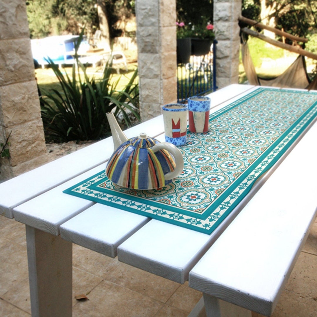 Turquoise Spanish Tile PVC Table Runner: Elegant Vinyl Printed Design ...