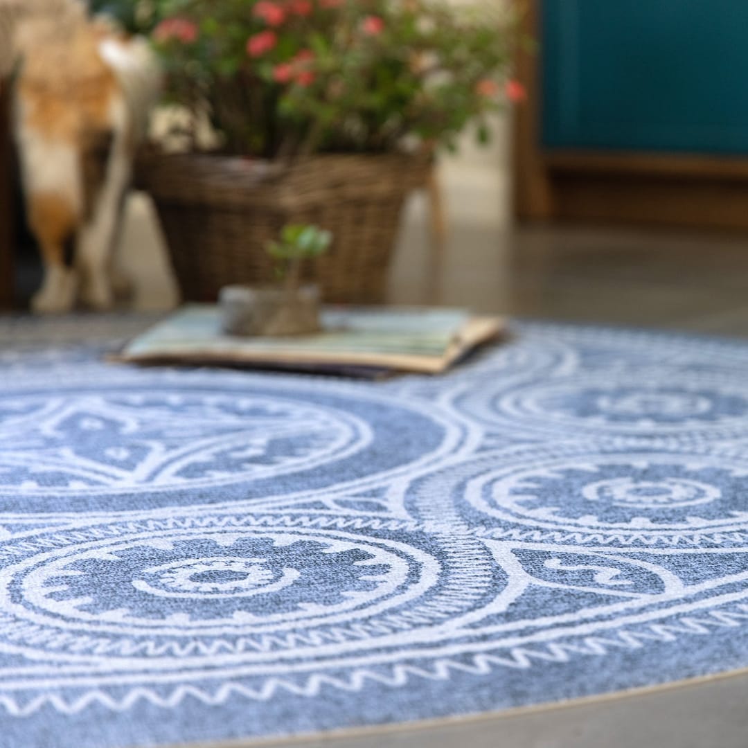 Round Vinyl Floor Mat With Blue Ethnic Geometric Design. Printed to ...