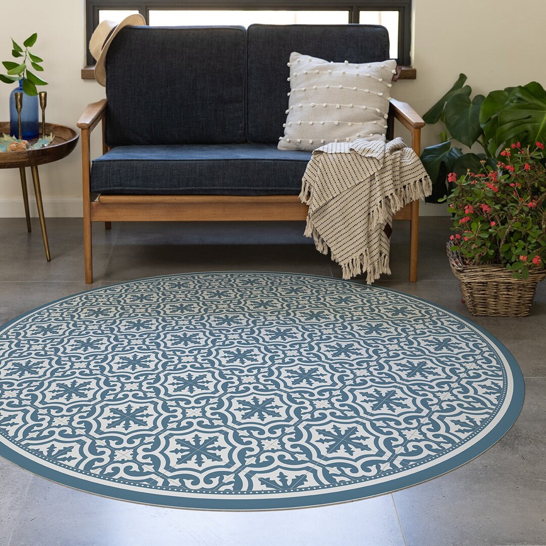 Round Vinyl Floor Mat With Blue Tiles Design. Livingroom and Outdoor ...