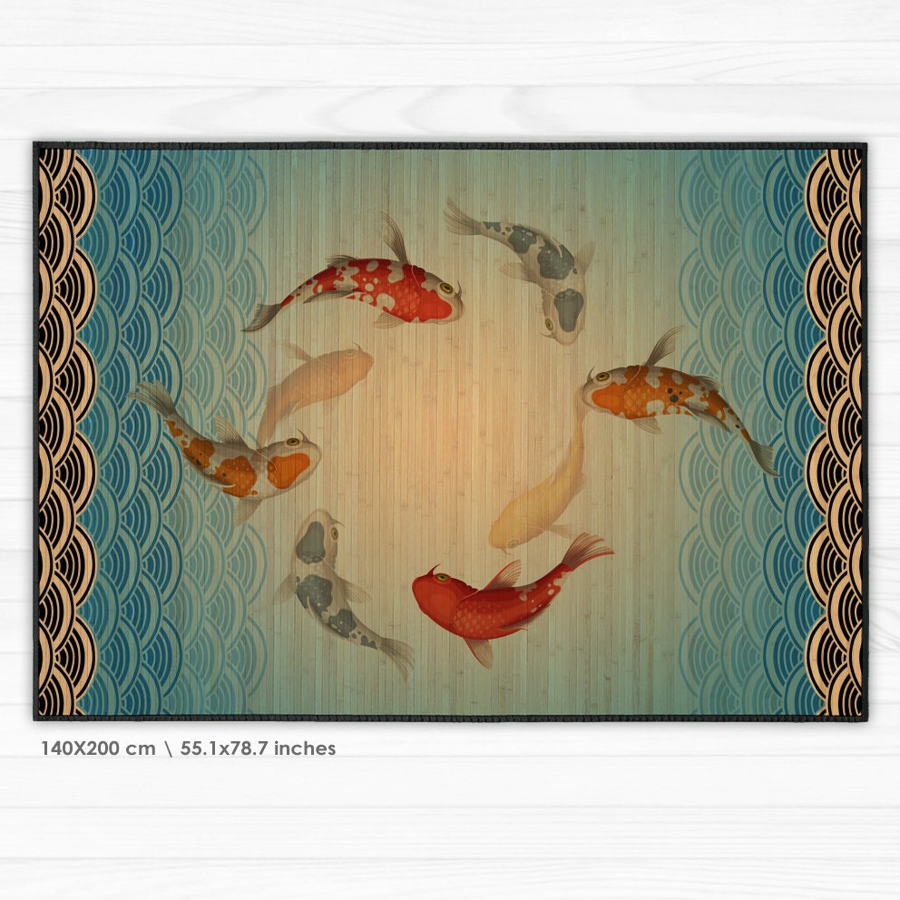 Japanese Style Bamboo Mat. Koi Fish Illustration in Turquoise | Etsy