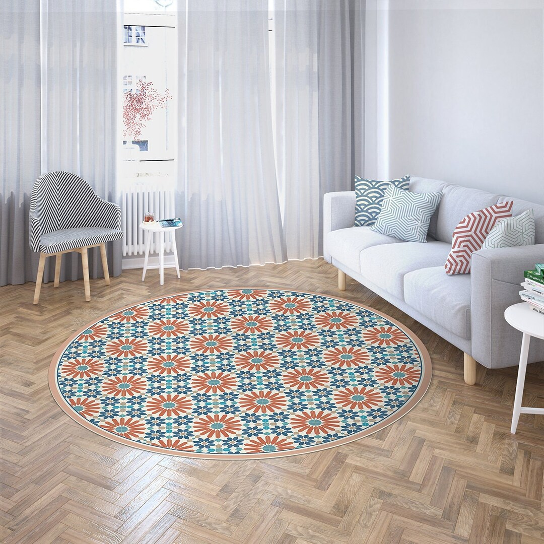 Round Vinyl Floor Mat With Red and Orange Moroccan Tiles. Livingroom ...