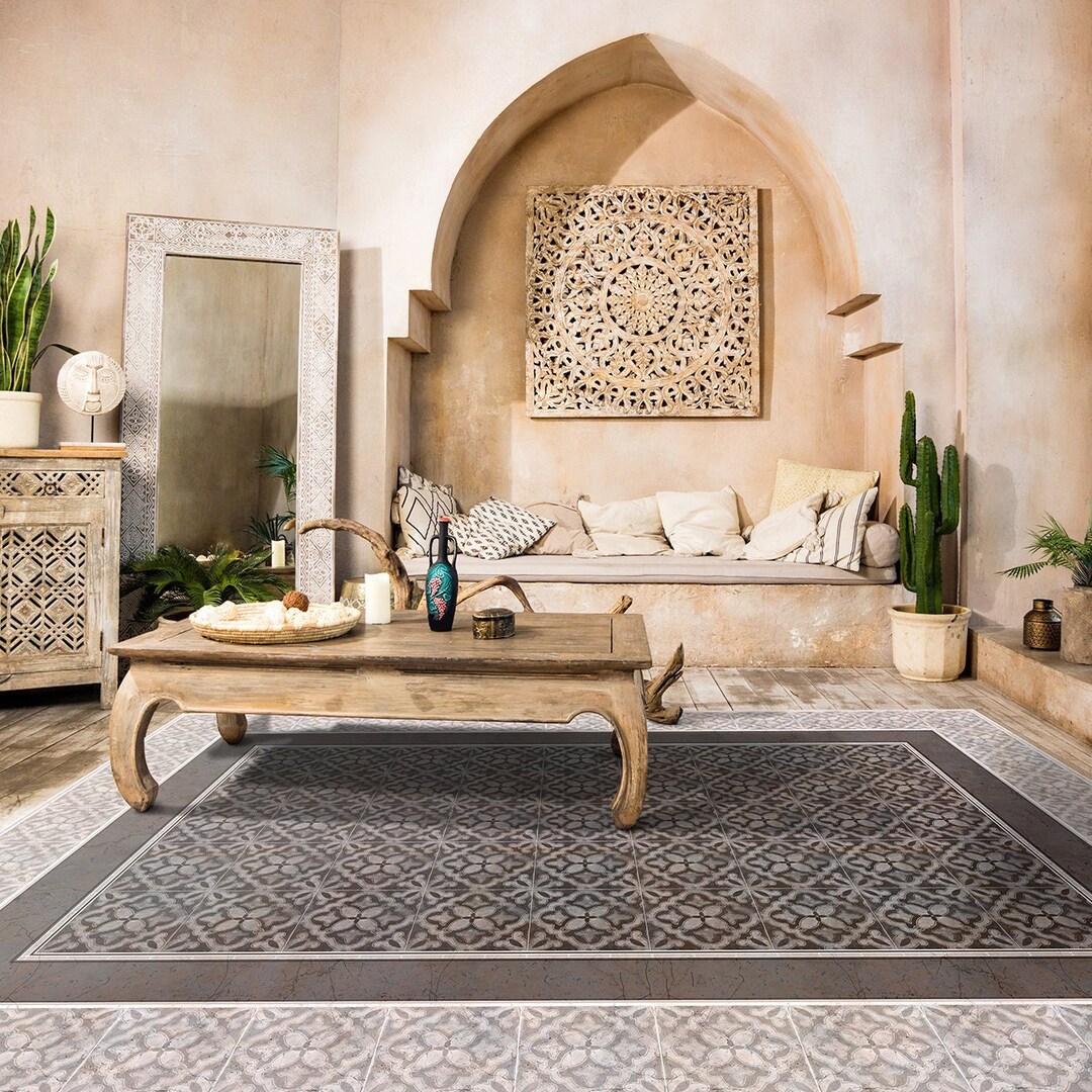 NEW - Brown Vinyl Floor Mat With Eclectic Tiles. Brown PVC Rug, Elegant ...