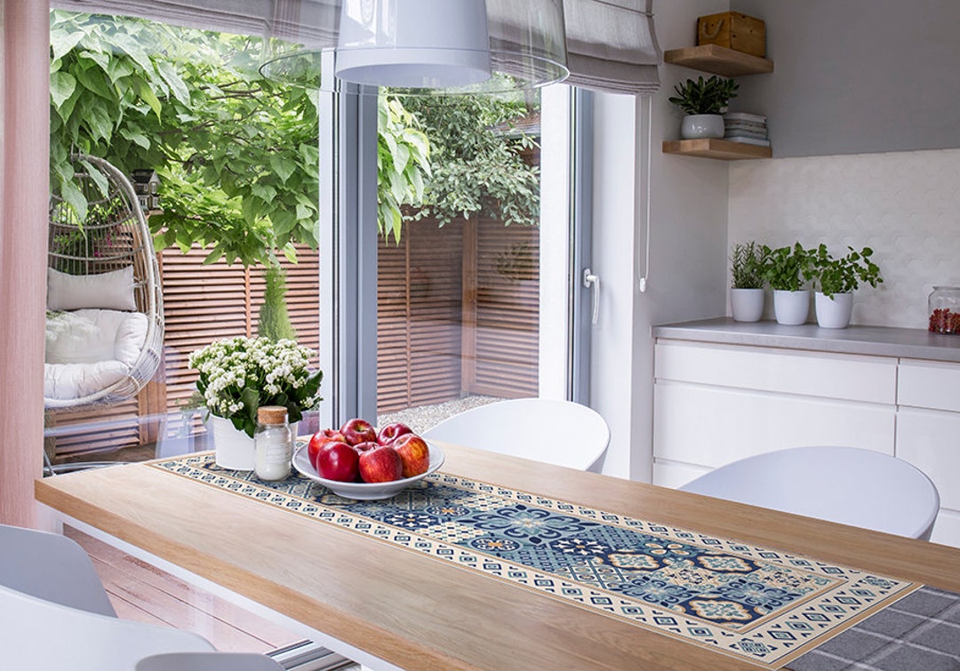 NEW - Blue Vinyl Table Runner With Eclectic Tiles. Pvc Runner, Printed ...