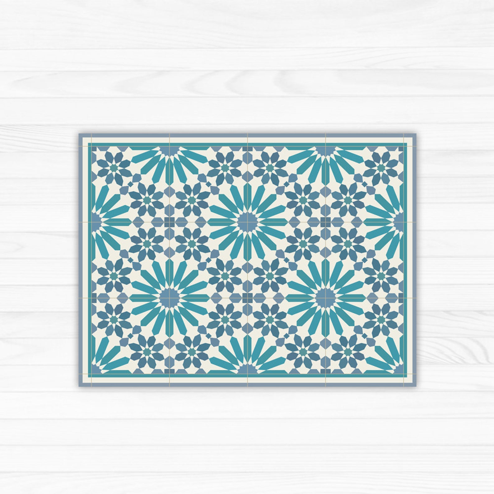 Blue and Turquoise Vinyl Kitchen Rug With Moroccan Tiles | Etsy
