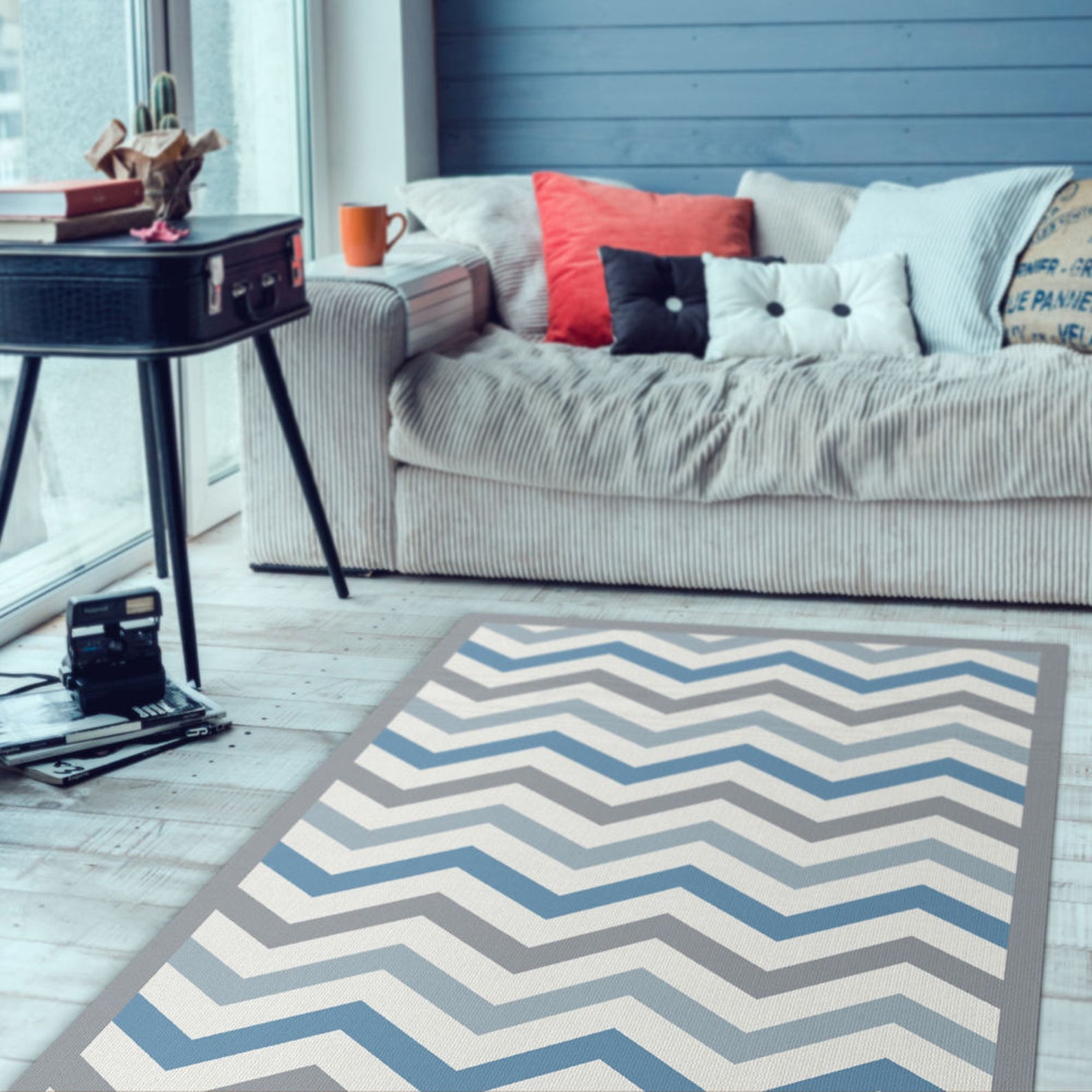 Blue and Grey Chevron Rug - Linoleum Art Mat. Printed Vinyl Rug With ...