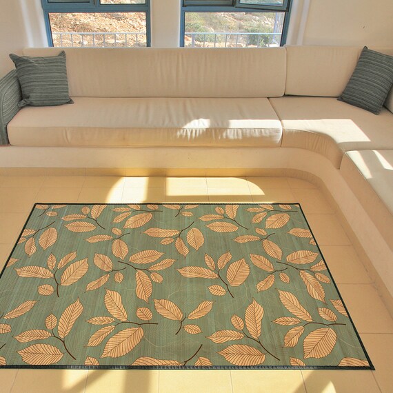 Bamboo Rug With Printed Design of Leaves on Turquoise | Etsy