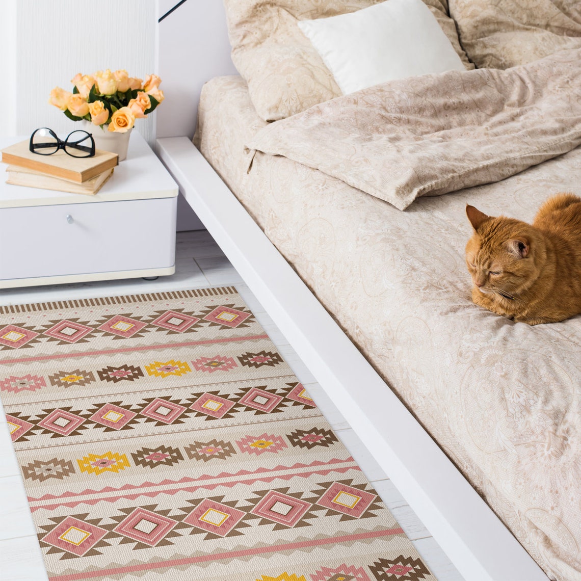 Runner Rug With Boho Design. Pastel Runner Mat in Pink Yellow | Etsy