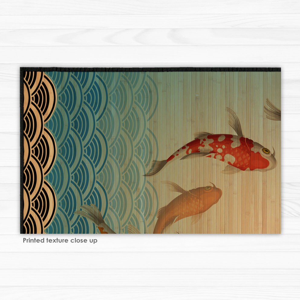 Japanese Style Bamboo Mat. Koi Fish Illustration in Turquoise | Etsy