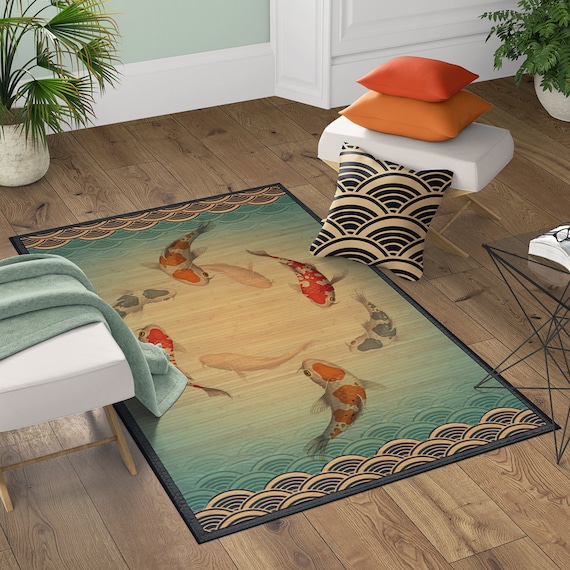 Japanese Style Bamboo Mat. Koi Fish Illustration in Turquoise - Etsy