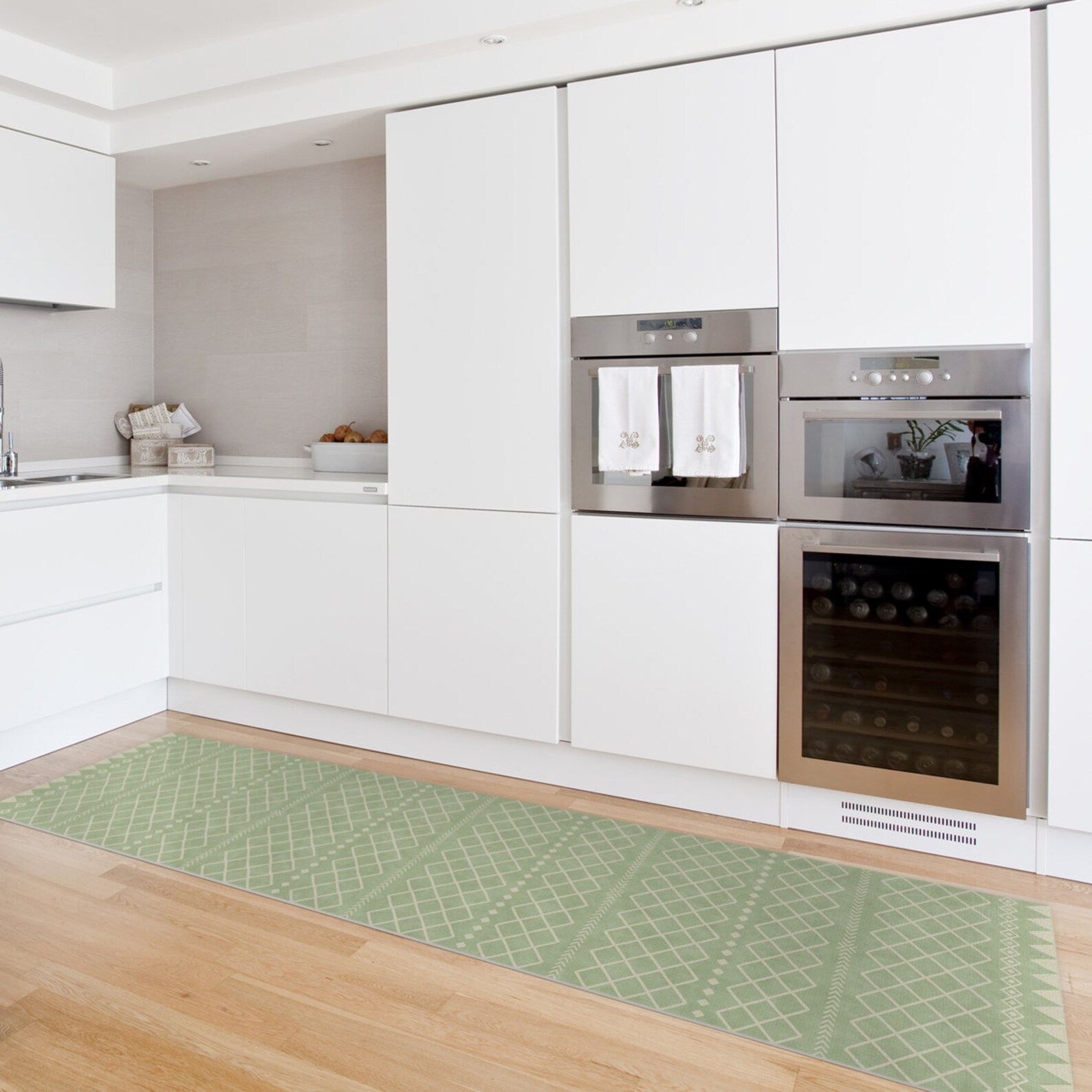 Green Runner Rug With Geometric Design in Beige. Kitchen Runner Rug ...