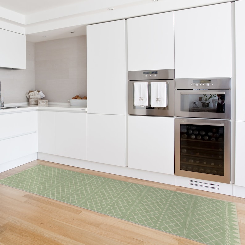 Green Runner Rug With Geometric Design in Beige. Kitchen Runner Rug ...