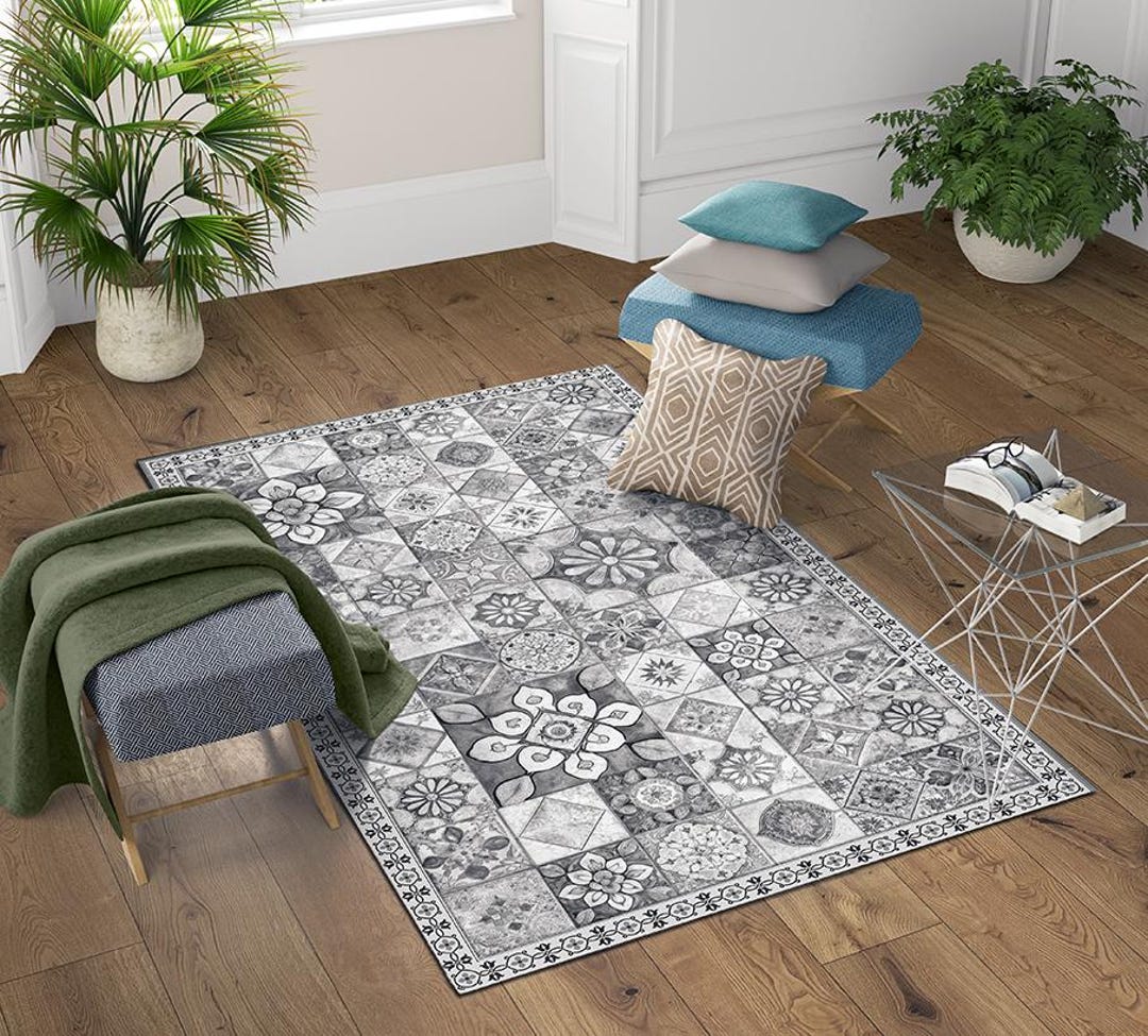 Gray Beautiful Spanish Tile Vinyl Floor Mat: Antique Style PVC Rug ...