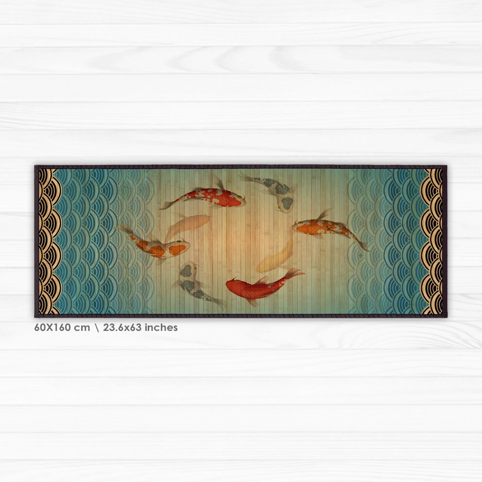 Japanese Style Bamboo Mat. Koi Fish Illustration in Turquoise | Etsy