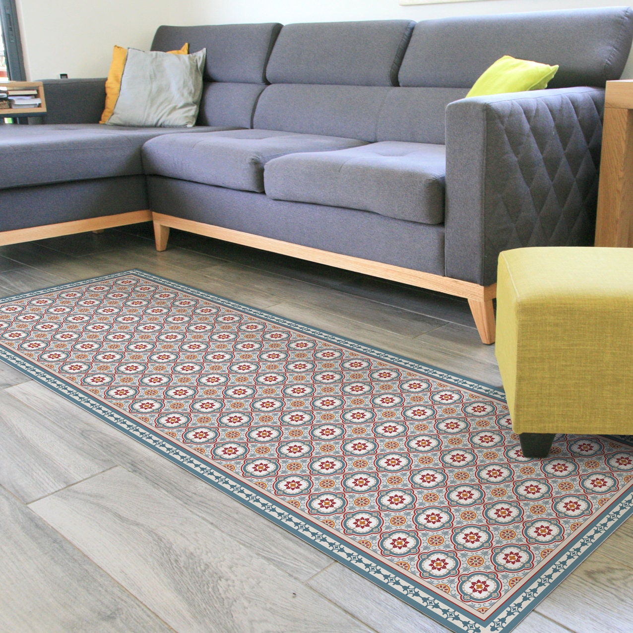 Vinyl rug runner with vintage Spanish tiles design in blue and | Etsy