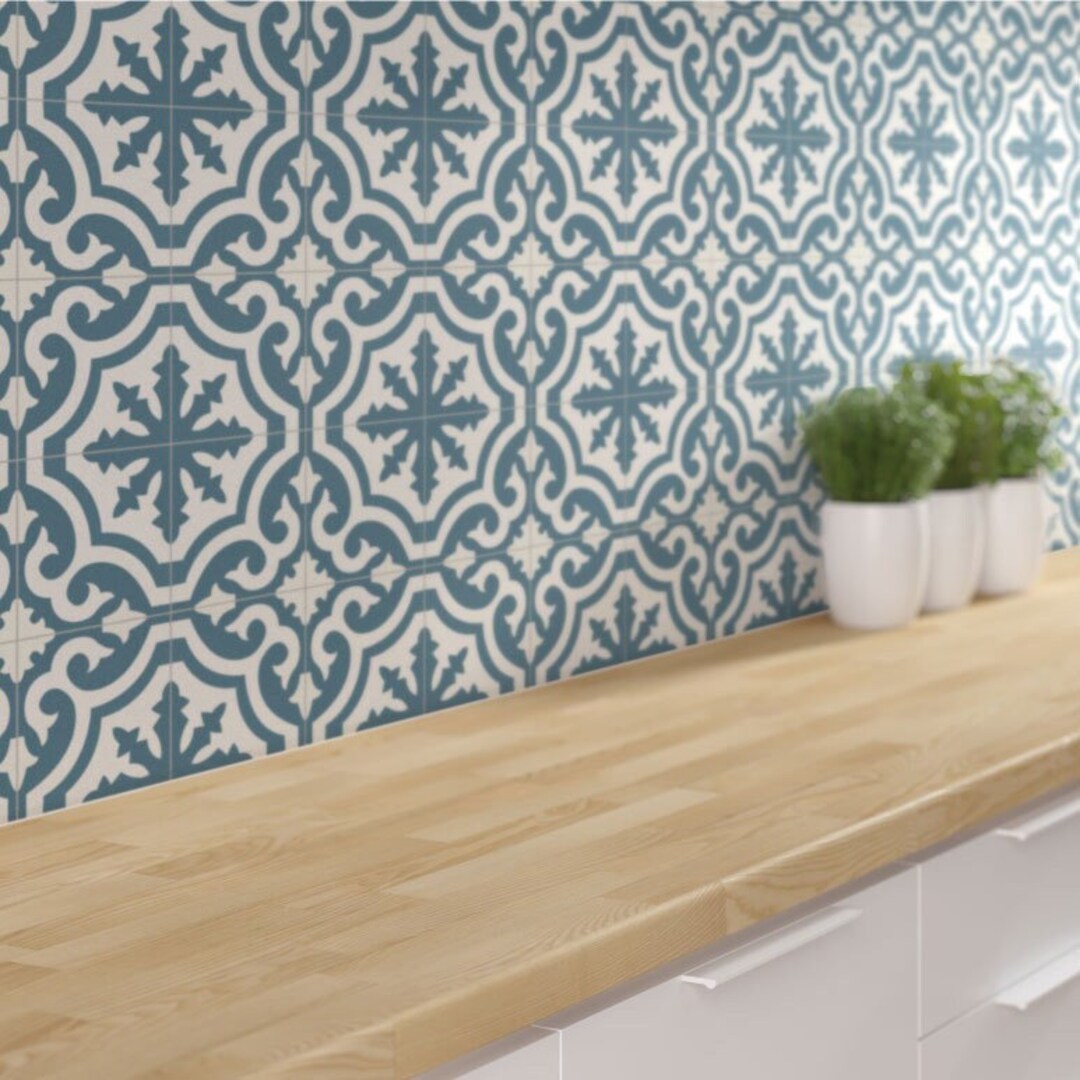 Moroccan Tiles Design in Blue and Beige, Mosaic Self Adhesive Tile ...