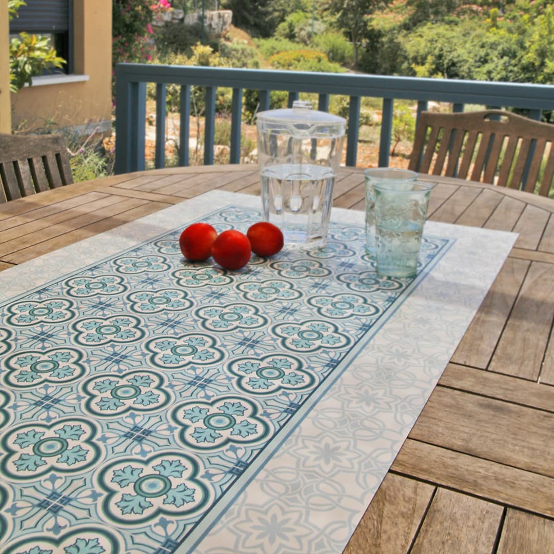 Vinyl Table Runner in Turquoise and White . Elegant Vinyl Runner ...