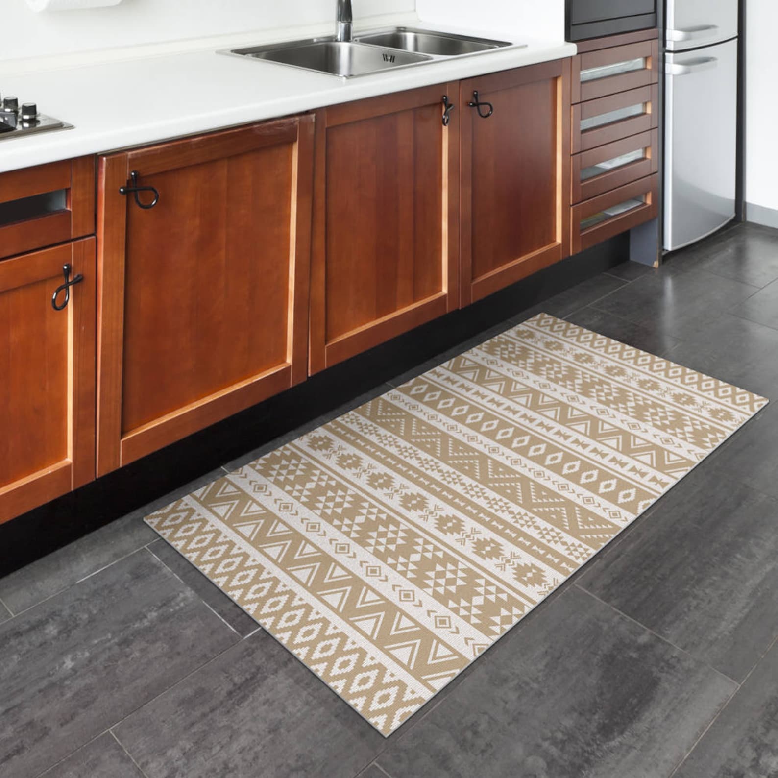 Beige Vinyl Floor Mat With Geometric Pattern. Vinyl Area Rug With an ...