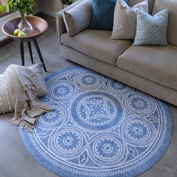 Round Vinyl Floor Mat With Blue Ethnic Geometric Design. - Etsy