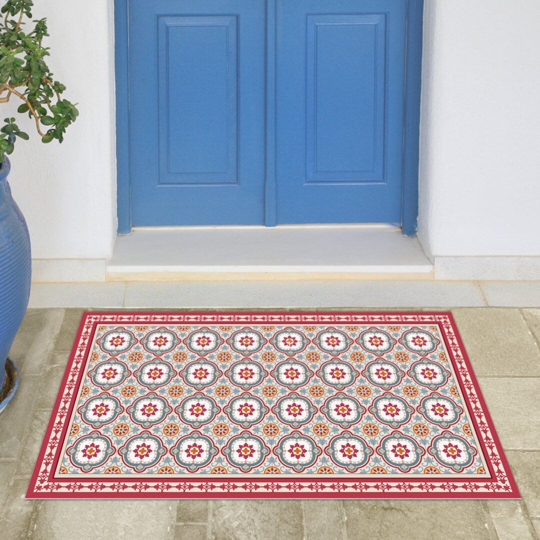 Linoleum Doormat With Spanish Tiles in Red and Blue. Vinyl Area Rug ...