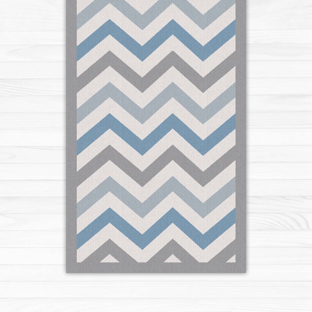 Blue and Grey Chevron Rug - Linoleum Art Mat. Printed Vinyl Rug With ...