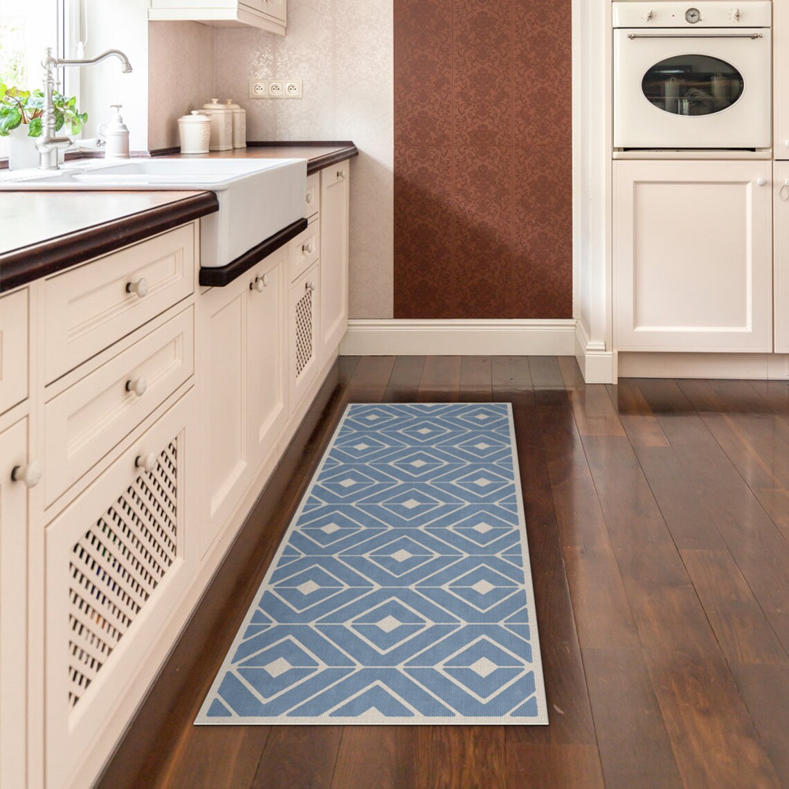 Blue Runner Rug. Vinyl Floor Runner With Geometric Design. - Etsy