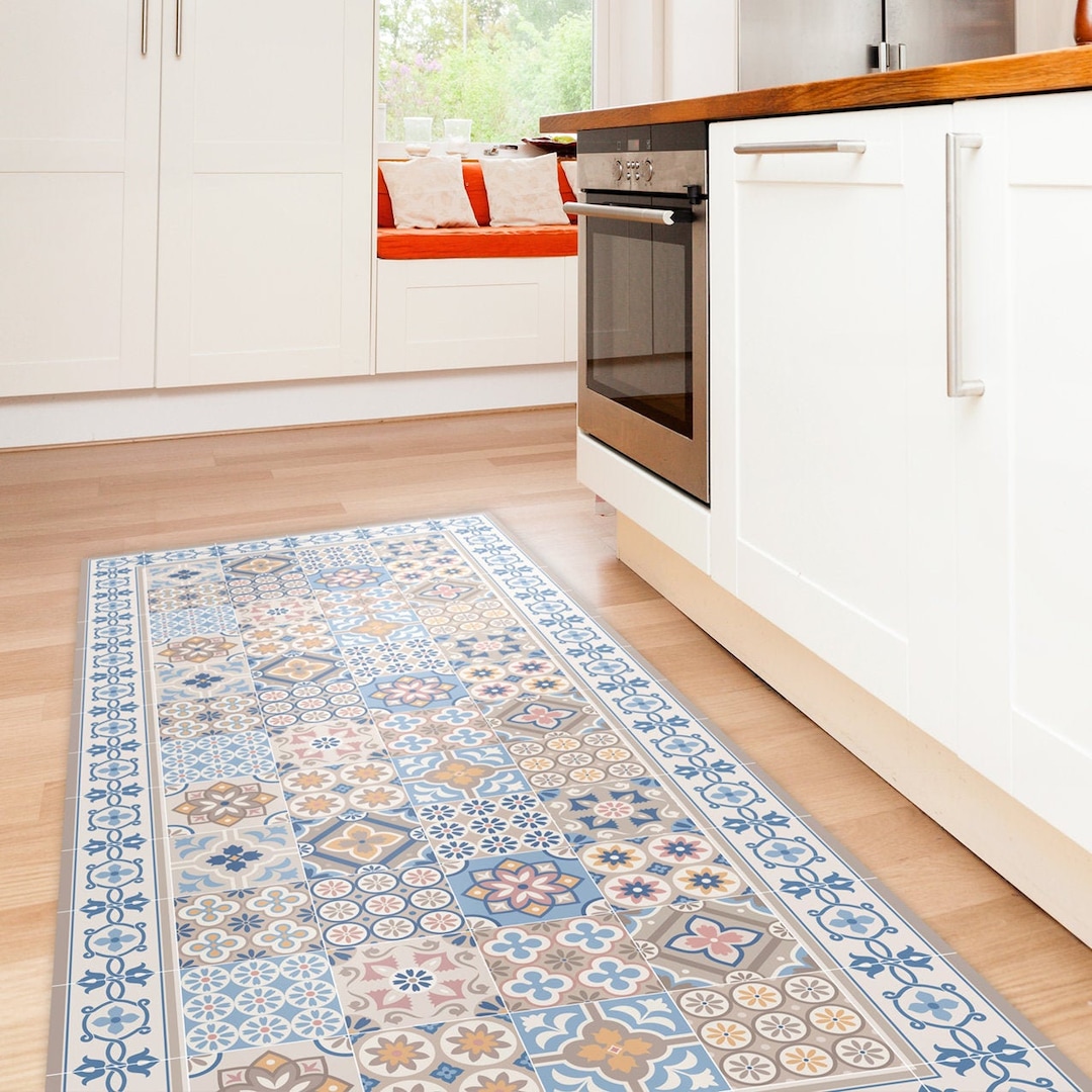 NEW - Blue Vinyl Floor Mat With Eclectic Tiles. Blue Pvc Rug, Printed ...