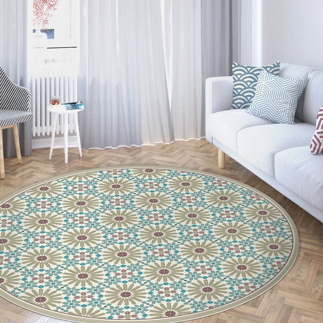Round Vinyl Floor Mat: Turquoise Beige Moroccan Tile Design - Etsy