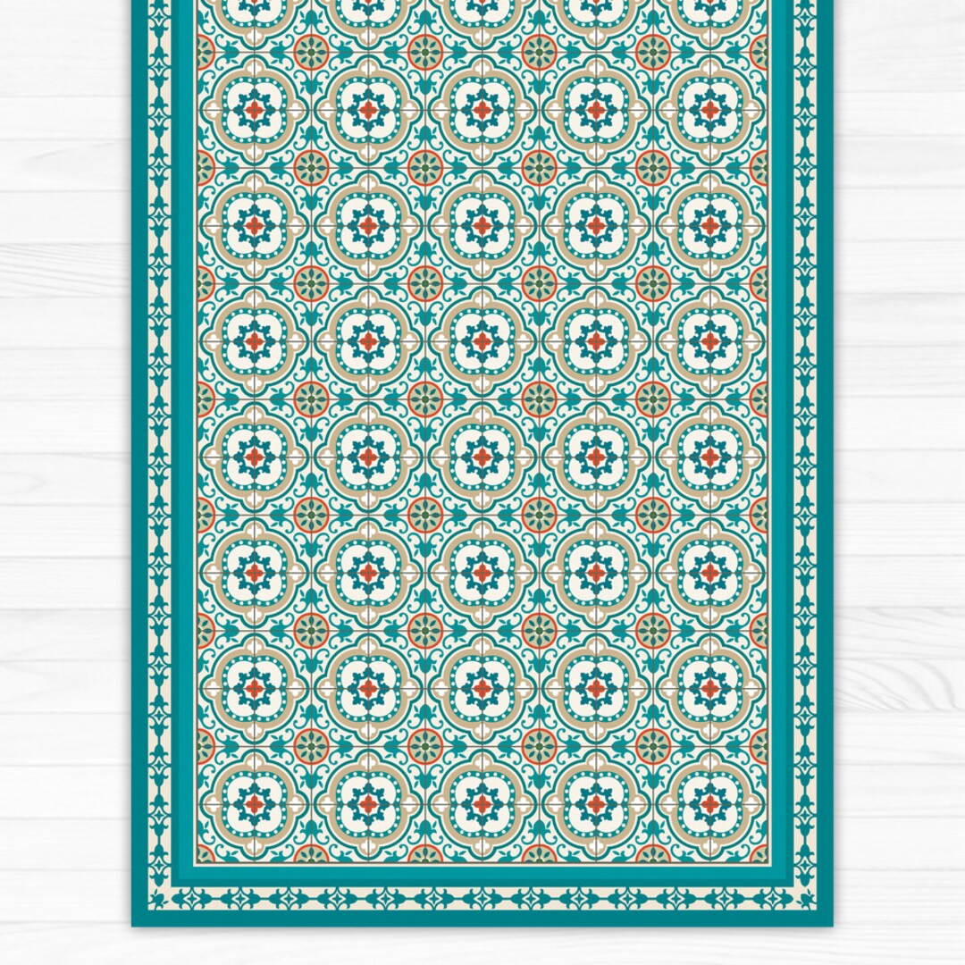 Turquoise Vinyl Floor Mat With Decorative Spanish Tiles Pattern. PVC ...