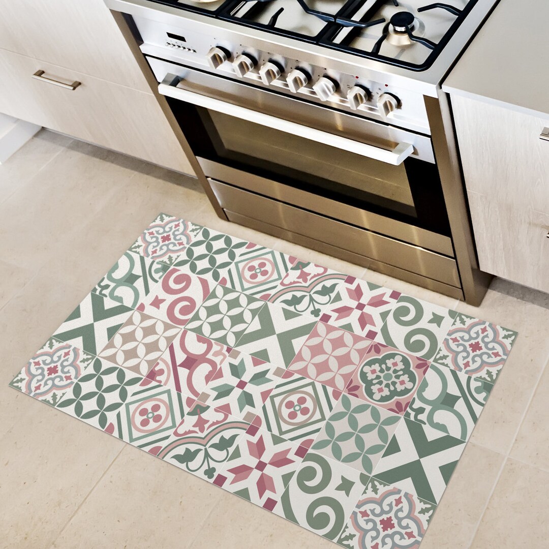 NEW - Green and Pink Mat With Eclectic Tiles. Vinyl Floor Mat, Kitchen ...