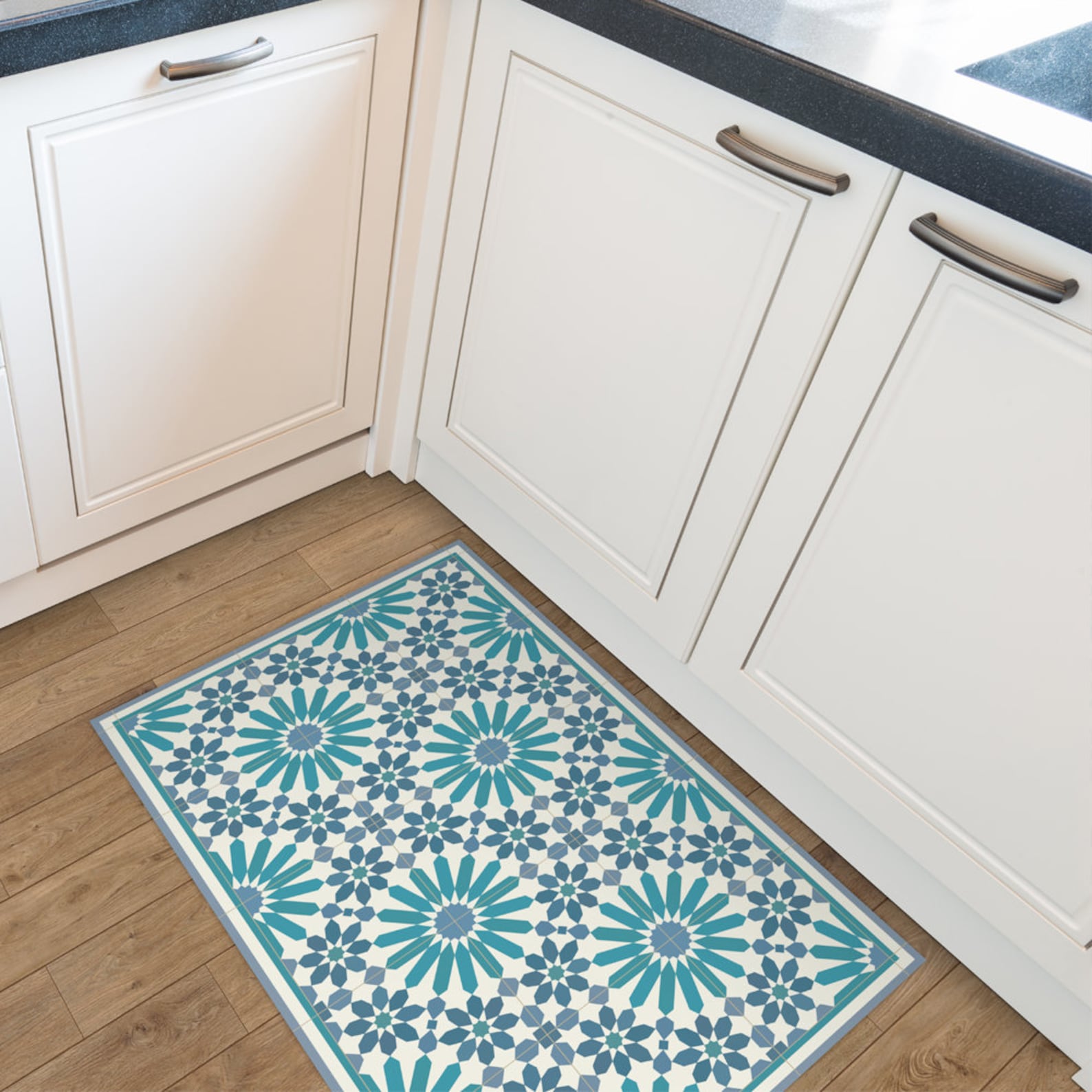 Blue and Turquoise Vinyl Kitchen Rug With Moroccan Tiles | Etsy