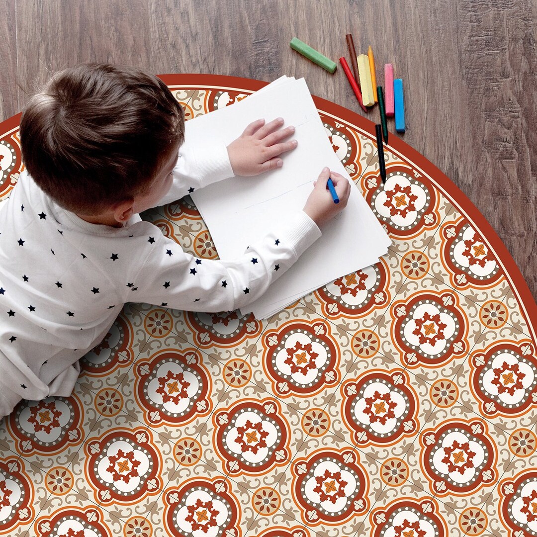 Round Vinyl Floor Mat With Dark Red With Decorative Tiles in Orange ...