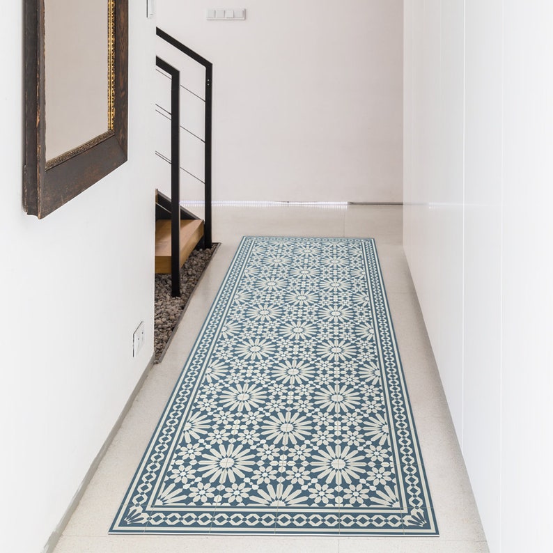 Vinyl Runner Rug or Hallway Runner With Moroccan Tiles Design in Blue ...