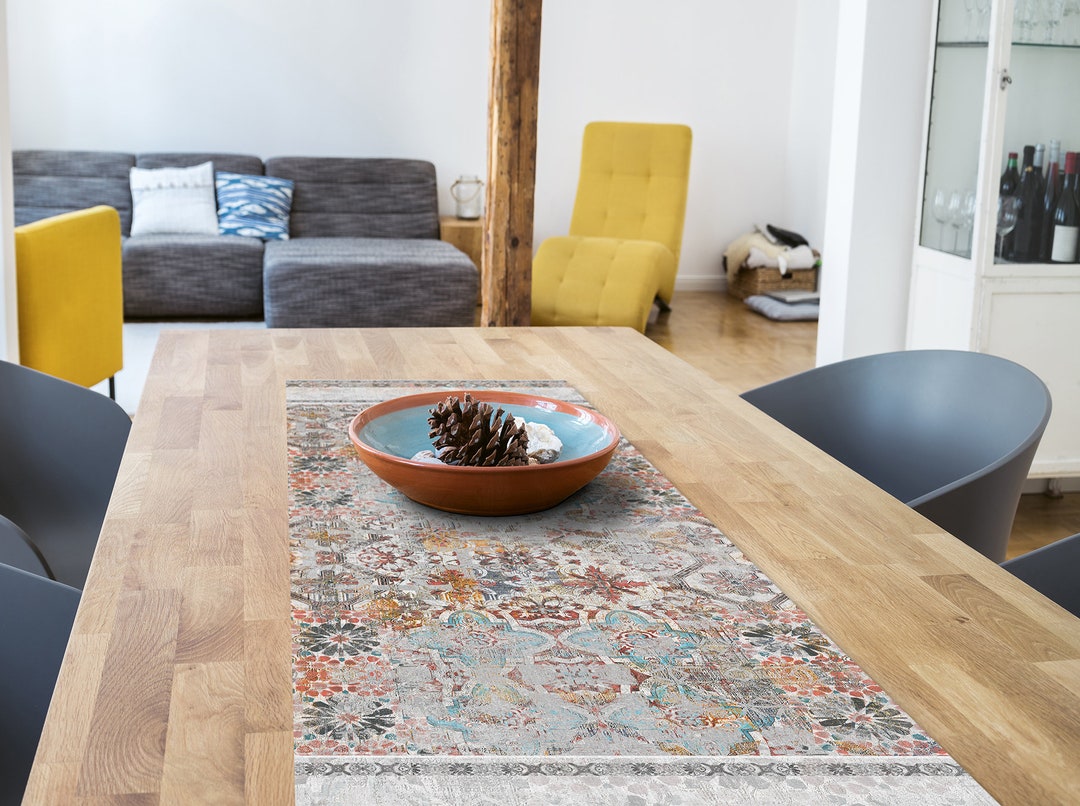 NEW - Vinyl Table Runner Mixed Tiles Pattern Inspired by Spanish Ethnic ...