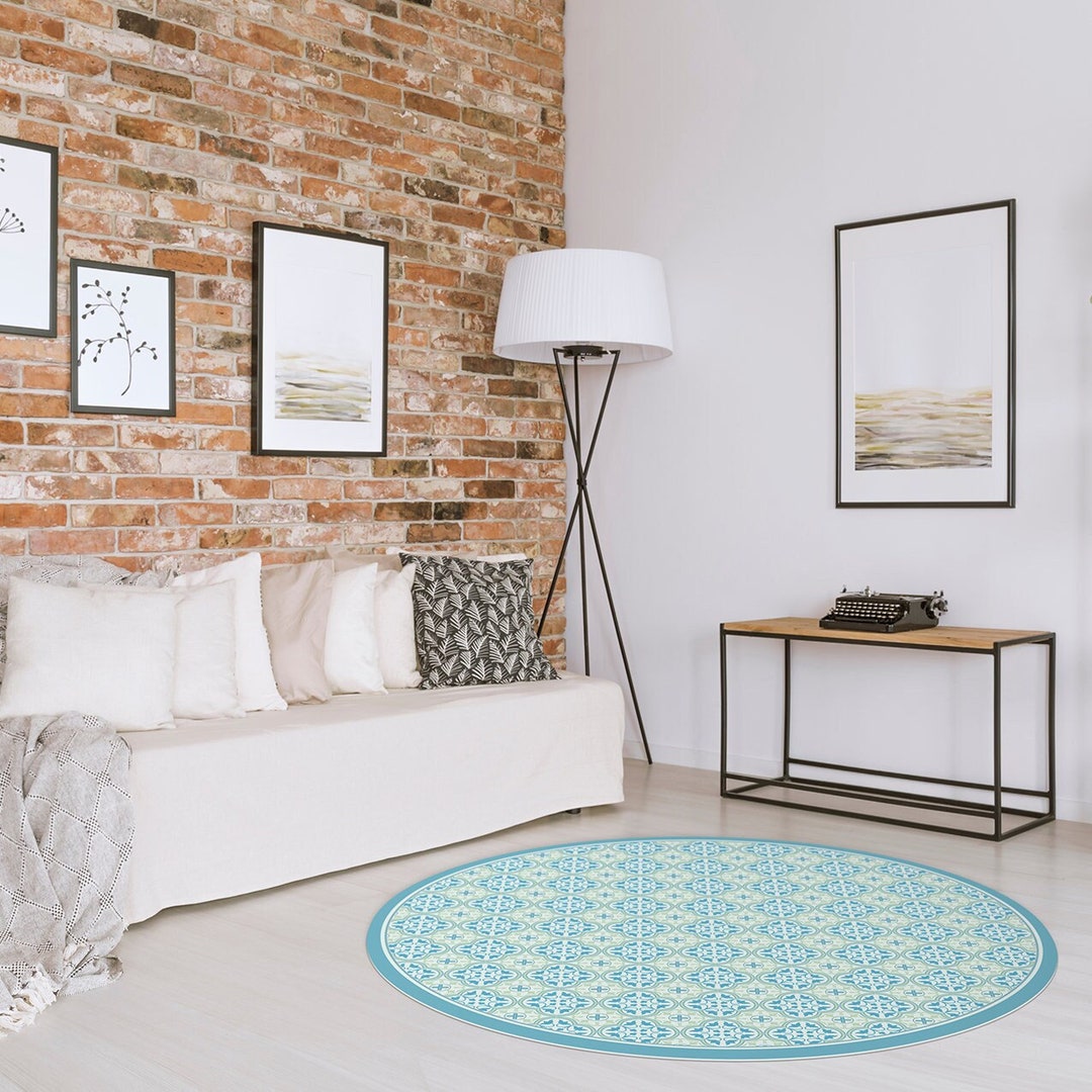 Round Turquoise Vinyl Floor Mat: Spanish Style Decorative Tiles - Etsy