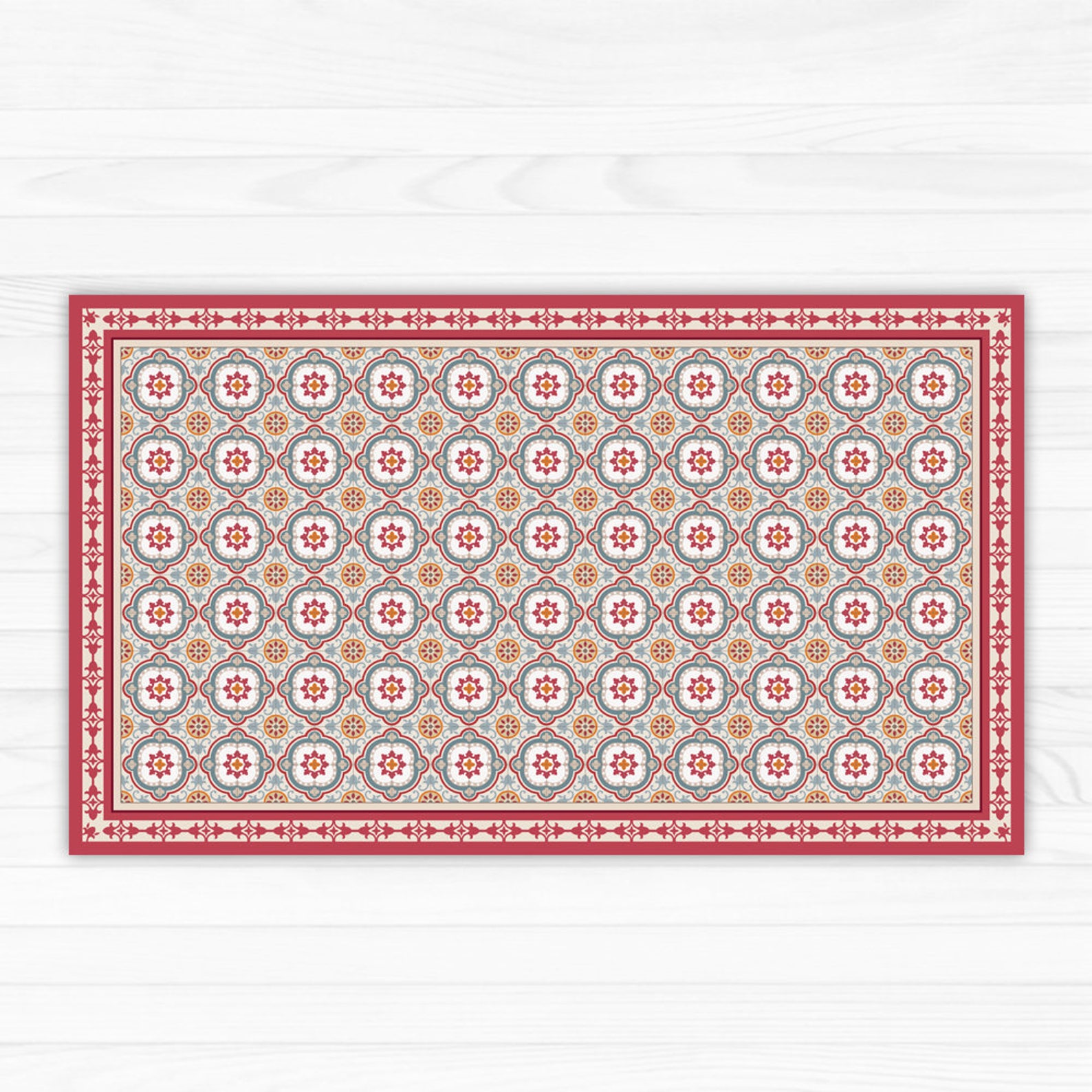 Linoleum Doormat With Spanish Tiles in Red and Blue. Vinyl Area Rug ...